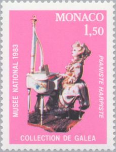 Stamp: Piano harpist (Monaco(Vending machines of the 19th century from ...