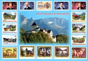 Postcard: Vaduz Castle; Liechtenstein stamps (Liechtenstein(Vaduz) Col ...