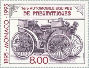Timbre: First automobile with pneumatic tires of the Michelin brothe ...