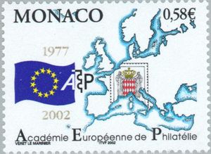 Stamp: 25 years European Academy of Philately (AEP) (MonacoMi:MC 2598 ...