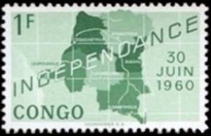 Stamp: Map of independent Republic of Congo and date '30 Juin 1960 ...