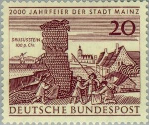 Stamp: Drusus (100 ad), excerpt from old city scape of Mainz (Germany ...