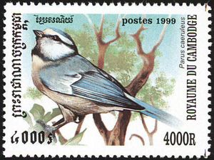 Postzegel: Eurasian Blue Tit (Parus caeruleus) (Cambodja(Birds (1999 ...