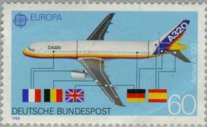 Stamp: Airbus Industrie A320 and Manufacturing Nations' Flags (Germany ...