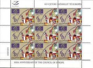 Stamp: Map of Europe with flags (Albania(Council of Europe, 60th ...