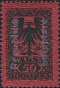 Timbre: Coat of Arms with Red Wavy Lines, overprinted in white (Albanie ...