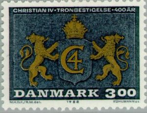 Stamp: Lions supporting Monogram (Denmark) (King Christian IV - 125th ...