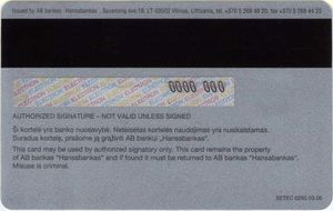 Bank Card: Visa Electron Business (Hansabankas, LithuaniaCol:LT-VE-0008.02