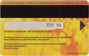 Bank Card: Visa Electron (Hansabankas, Lithuania) Col:LT-VE-0009