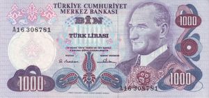 Banknote: 1,000 Turkish Lira (Türkiye (Turkey)(1968-6.Emisyon "Türk ...