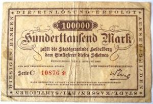 Banknote: 100,000 Mark (German Notgeld(Heidelberg) Kel:2279c