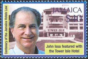 Stamp: John Issa featured with the Tower Isle Hotel (Jamaica(Centenary ...
