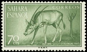 Stamp: Scimitar-horned Oryx (Oryx dammah) (Spanish Sahara(Stamp Day ...