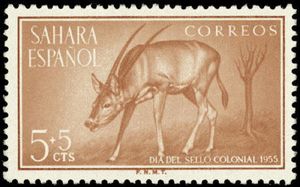 Stamp: Scimitar-horned Oryx (Oryx dammah) (Spanish Sahara(Stamp Day ...