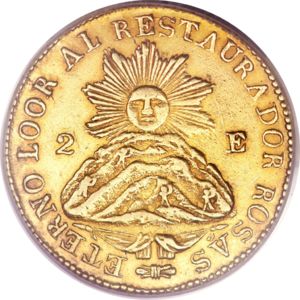 Coin: 2 Escudos (Argentina, Confederation) (La Rioja) WCC:km17 (la rioja)