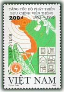 Stamp: Communications equipment and map of Vietnam (Vietnam ...