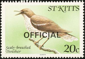 Stamp: Scaly-breasted Thrasher (Allenia fusca) - overprinted (Saint ...