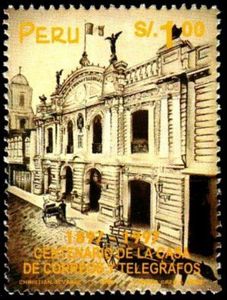 Stamp: Front facade of ancient post building (Peru(Post and Telegraph ...