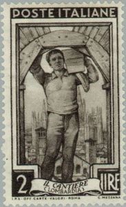 Stamp: Bricklayer and Cathedral of Milan (Lombardy) (Italy(Italy at ...