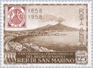 Stamp: Naples 10 grana stamp of 1858 and Bay of Naples (San Marino ...