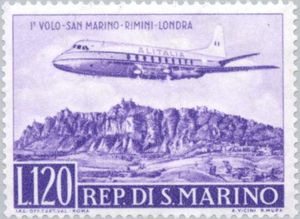Timbre: First flight - San Marino- Rimini- London (Saint-Marin(Air Mail ...