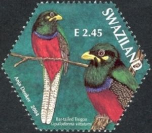 Stamp: Bar-tailed Trogon (Apaloderma vittatum) (Swaziland(SAPOA Joint ...