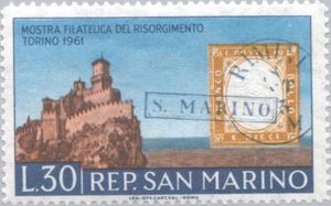 Stamp: Mt. Titano and Cancelled Stamp of Sardinia, 1862 (San Marino ...