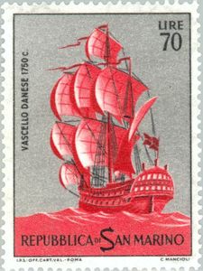 Stamp: Fyn (Danish ship of the line), c. 1750 (San Marino(Historical ...