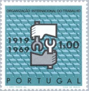 Stamp: ILO Emblem (Portugal(50th Anniversary of the International Labor ...