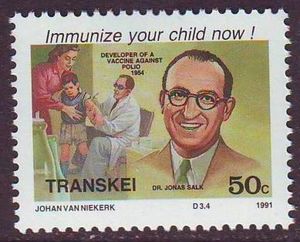 Stamp: Jonas Salk (b. 1914), polio (Transkei(Physicians (VI)) Mi:ZA-TR ...