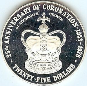 Coin: 25 Dollars (25th Ann. of Coronation - St. Edward's Crown) (Cayman ...