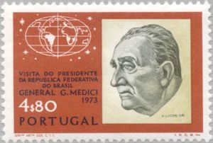 Stamp: Emilio Garrastazú Médici (1906-85) and globe (Portugal(Visit of ...