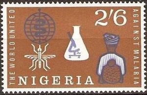 Stamp: Microscope, retort and patient (Nigeria(Fight against Malaria ...