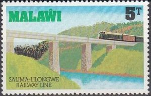 Stamp: Train crossing viaduct (Malawi(Inauguration of Salima-Lilongwe ...