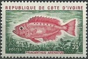 Stamp: Atlantic Bigeye (Priacanthus arenatus) (Ivory Coast(Fish (1973 ...