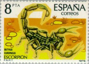 Stamp: Common Yellow Scorpion (Buthus europaeus) (Spain(Spanish Fauna ...