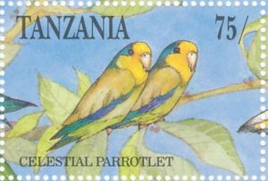 Stamp: Celestial Parrotlet (Forpus xanthops) (Tanzania(Pet Birds) Mi:TZ ...