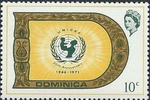 Stamp: UNICEF emblem and letter "D" (Dominica(UNICEF, 25th Anniversary ...