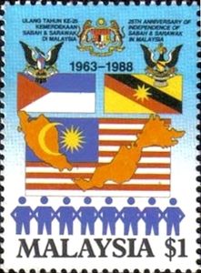 Stamp: Map, Crests, Flags of Sabah, Sarawak and Malaysia (Malaysia ...