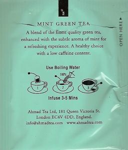 Tea Bag: Mint Tea, fs ®, bs "OPEN HERE" right, N4, glossy (Ahmad Tea ...