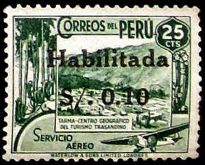 Stamp: Stamps of 1938 overprinted in black 10c on 25c (Peru(Previous ...