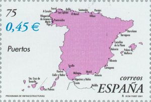 Stamp: Map of Spanish Sea-ports (Spain(Program of infrastructures) Mi:ES 3691,Sn:ES 3131b,Yt:ES ...