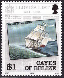 Stamp: Sailing ship "Fishburn" in distress (Cayes of Belize(250 years ...