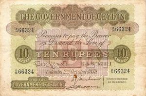 Billete de Banco: 10 Rupees (Ceilán(1925-1939 Issue) Wor:P-25c