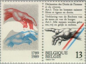 Stamp: Hand (detail from "Creation of Adam" by Michelangelo) (BelgiumMi ...