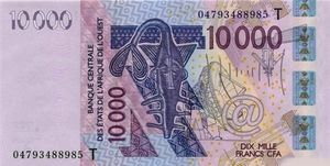 Sedel: 10,000 Francs CFA (Västafrikanska staterna(T for Togo) Wor:P-818 Tb