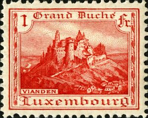 Sello: View of Vianden Castle (1 Fr. red) (Luxemburgo(Definitives 1921 ...