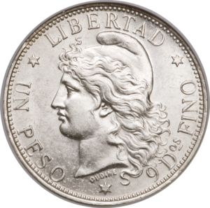 Coin: 1 Peso (1 Patacón) (Argentina) (1881~1969 - Moneda Nacional) WCC:km29