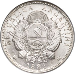 Coin: 1 Peso (1 Patacón) (Argentina) (1881~1969 - Moneda Nacional) WCC:km29