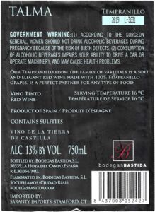 Drink Label: Talma Tempranillo Red (Bodegas Bastida S.L., SpainCol:ES ...